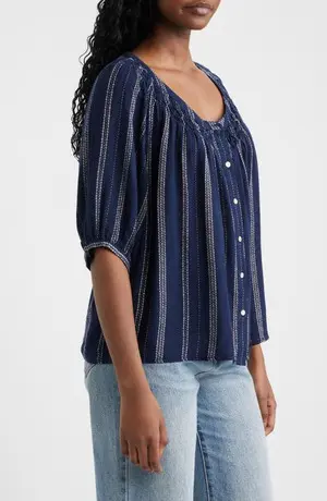 Rails Rix Embroidered Stripe Linen Blend Top