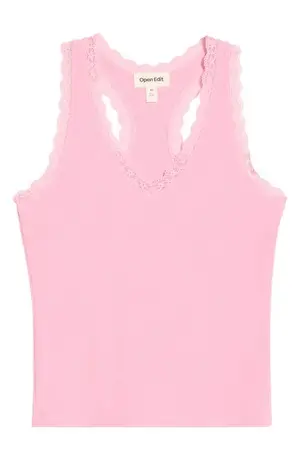 OPEN EDIT Ribbed Lace Trim Tank Top - Pink Storm