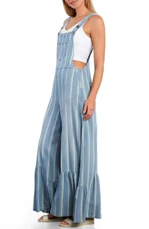 BILLY T Butterfly Ruffle Leg Cotton Blend Overalls - Light Blue Stripes