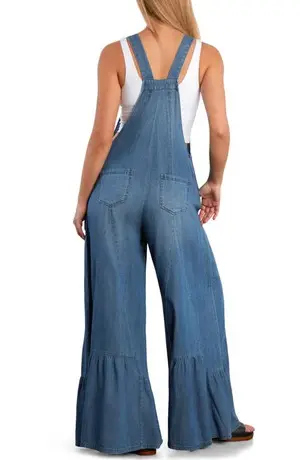 BILLY T Butterfly Ruffle Leg Cotton Blend Overalls - Vintage Denim