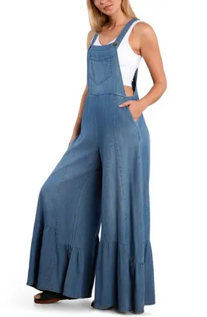 BILLY T Butterfly Ruffle Leg Cotton Blend Overalls - Vintage Denim