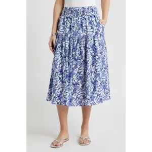 Caslon Tiered Printed Midi Skirt - Ivory- Navy Daisy Garden