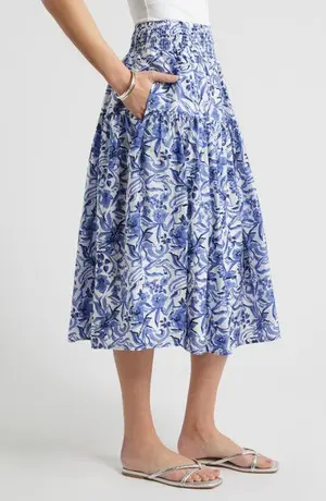 Caslon Tiered Printed Midi Skirt - Ivory- Navy Daisy Garden