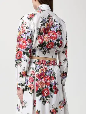 Dolce & Gabbana Cropped Floral Print Cotton Poplin Shirt - White