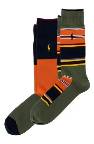 Polo Ralph Lauren Assorted Multistripe Cotton Blend Dress Socks 2 Pack - Green Multi