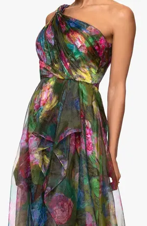 XSCAPE EVENINGS One-shoulder Floral Organza Gown