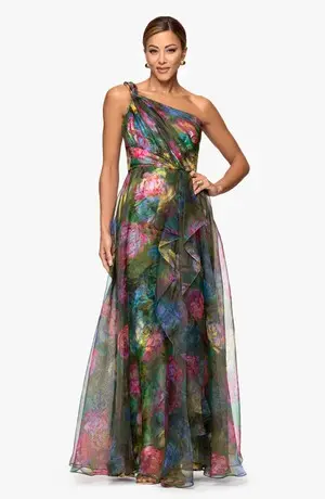 XSCAPE EVENINGS One-shoulder Floral Organza Gown