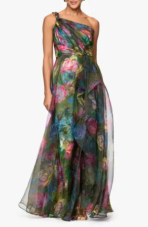 XSCAPE EVENINGS One-shoulder Floral Organza Gown - Green/multi