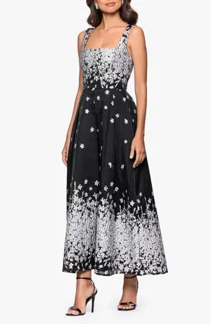 Betsy & Adam Metallic Floral Gown