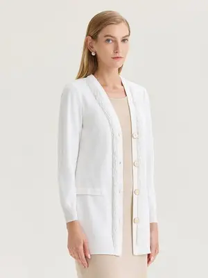 Misook Beaded Trim Flat Knit Cardigan