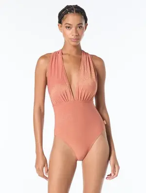 Vince Camuto Plunge Neck One-piece Swimsuit - Almond