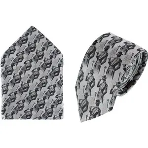 Trafalgar Silk Novelty Necktie And Pocket Square Set - Silver And Black