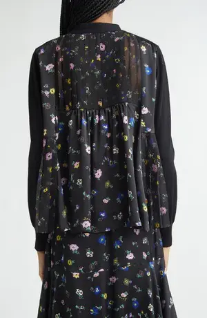 Sacai Mixed Media Pleated Floral Chiffon & Knit Cardigan - Black/black