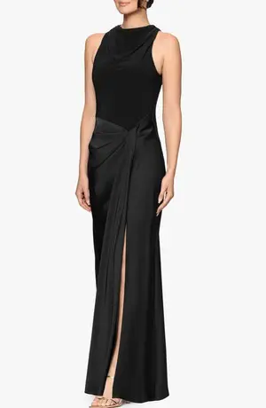Betsy & Adam Mixed Media Satin Gown