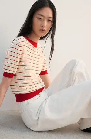 Mango Stripe Short Sleeve Sweater - Red