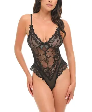 OH LA LA CHERI Valentine Sheer Lace Teddy With Bow Detail - Black