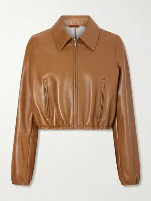 Gucci Cropped Embossed Leather Bomber Jacket - Brown