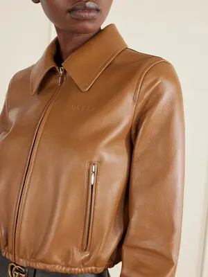 Gucci Cropped Embossed Leather Bomber Jacket - Brown