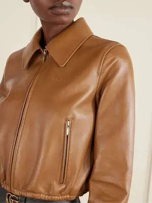 Gucci Cropped Embossed Leather Bomber Jacket