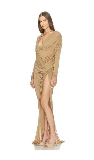 Atlein Draped Long Sleeve Maxi Dress - Argile