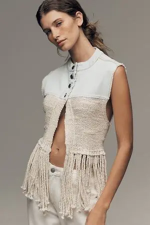 PILCRO Fringed Denim Crop Sweater Vest - Ivory