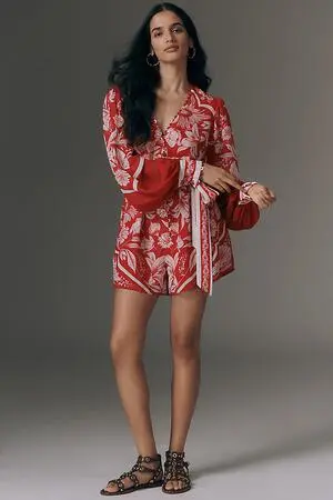Farm Rio Belted V-neck Balloon-sleeve Romper
