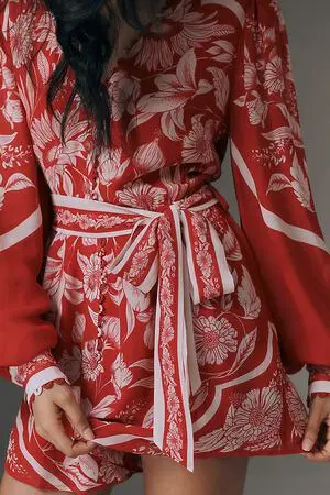 Farm Rio Belted V-neck Balloon-sleeve Romper
