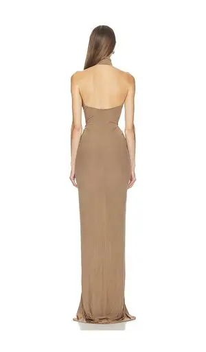 Atlein Halter Neck Front Ruched Gown - Tan