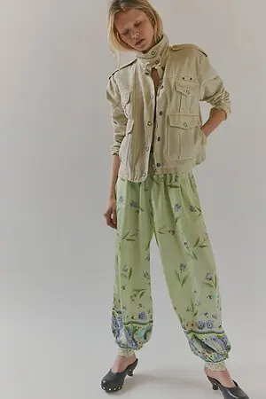 Free People Printed Satin Jogger Pants Lime Cream