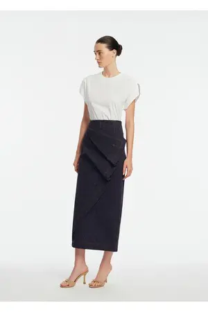 Lela Rose Stretch Denim Ruffle Skirt