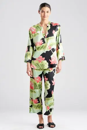 Natori Ascendant Lotus Printed Satin Mandarin Pj Set - Black