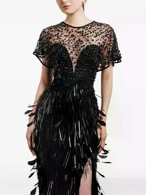 GEMY MAALOUF Beaded Feather Corset Dress