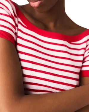 Maje Striped Knit Boat Neck Top - Red