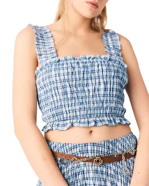 Maje Smocked Rhinestone Cotton Top - Blue Check Print