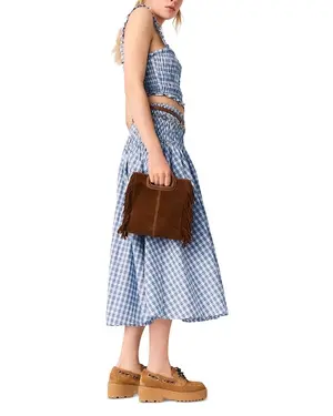 Maje Smocked Rhinestone Cotton Top - Blue Check Print