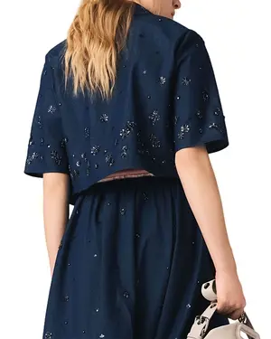 Maje Embroidered Cropped Denim Shirt - Navy