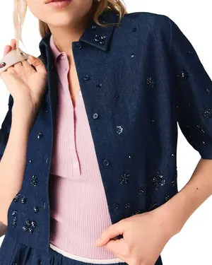 Maje Embroidered Cropped Denim Shirt - Navy