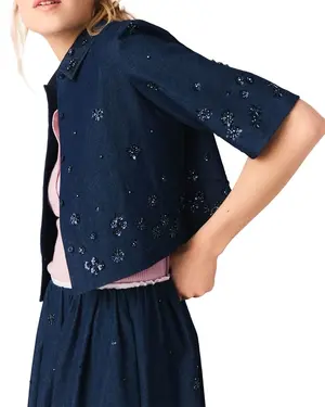 Maje Embroidered Cropped Denim Shirt - Navy