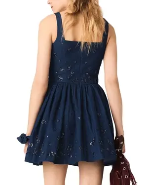 Maje Flared Embroidered Denim Dress
