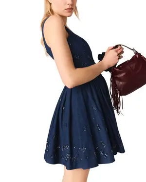 Maje Flared Embroidered Denim Dress