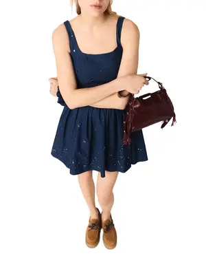 Maje Flared Embroidered Denim Dress