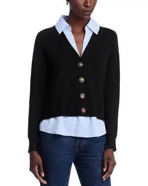 SIONI Collared Layered Cardigan - Black/ Stripe