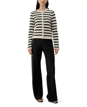 Lilysilk Striped Crochet Washable-wool Cardigan - Blackwhite Stripes