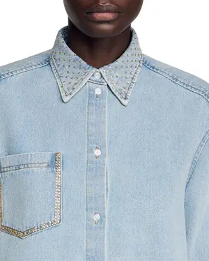 Sandro Lady Rhinestone Crop Denim Shirt