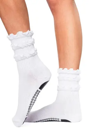 AREBESK Triple Ruffle Gripper Crew Socks - White