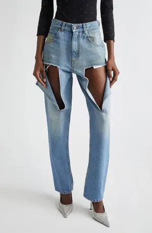 AREA Thigh Slash Straight Leg Jeans - Medium Blue