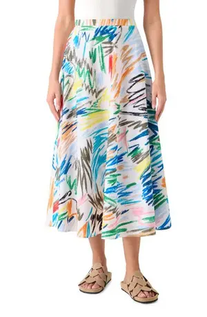 Akris Scribble Print Cotton A-line Midi Skirt - Cream-multi