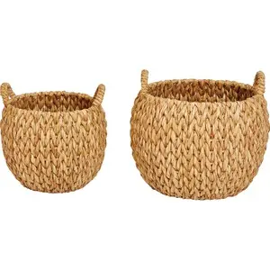 STORIED HOME Round Hand-woven Water Hyacinth Basket Storage With Handles - Natural