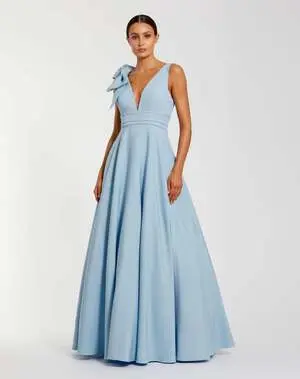 Mac Duggal Petite Sleeveless Plunge Neck Ball Gown With Bow Detail - Blue