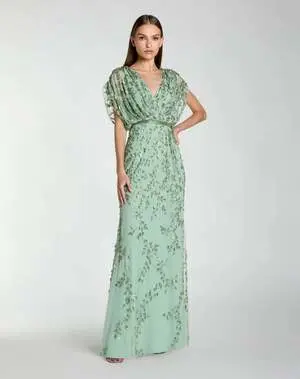 Mac Duggal Beaded V-neck Short Sleeve Blouson Gown - Green